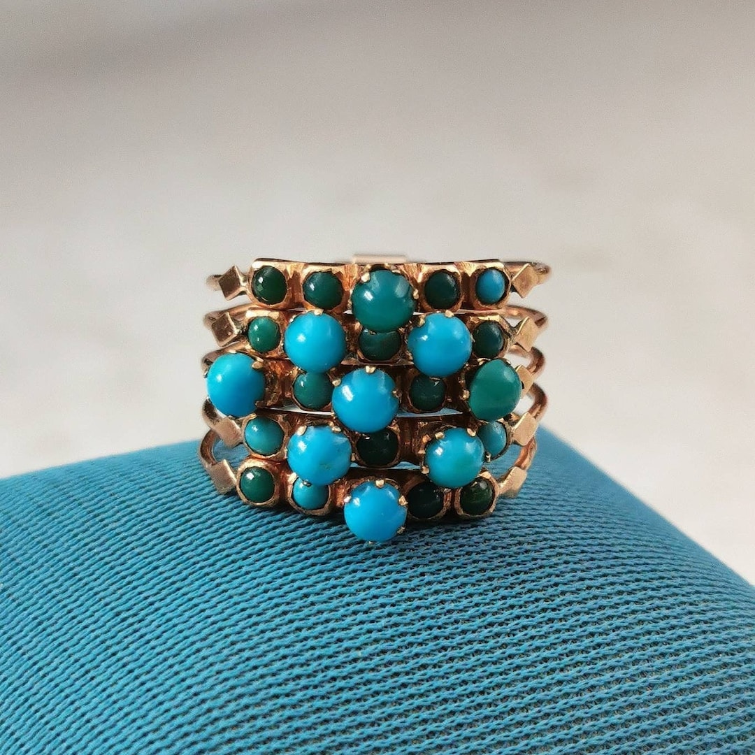 Vintage 14k Yellow Gold Turquoise Harem Ring - 5 Band Hinged Ring ...