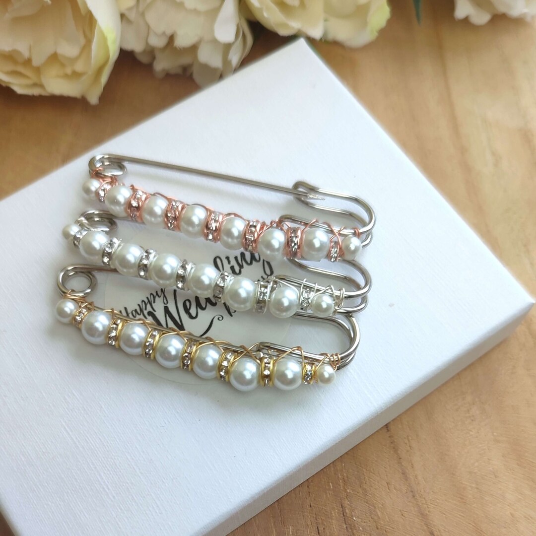 3 Colors Pearl Wedding Train Pin With Rhinestones, Bustle Pin, Bridal ...