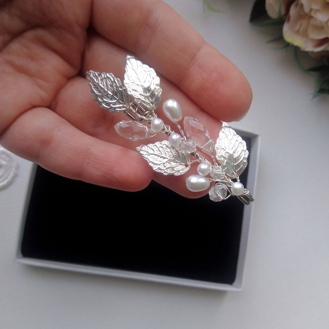 Floral Wedding Train Pin, Leaf Bridal Dress Clip, Pearl & Crystal ...