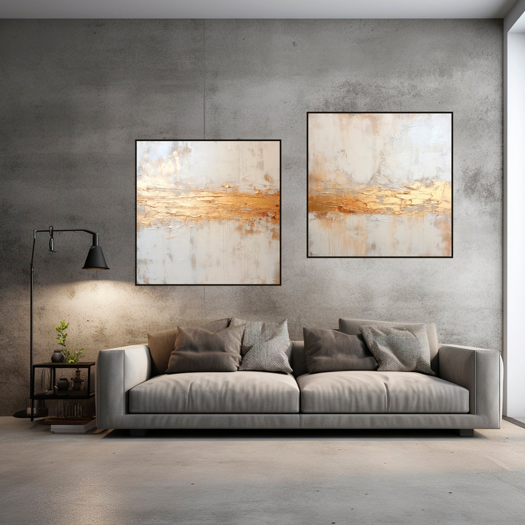 Set of 2 Squere Paintings, White Wall Art on Canvas, Modern Textured ...