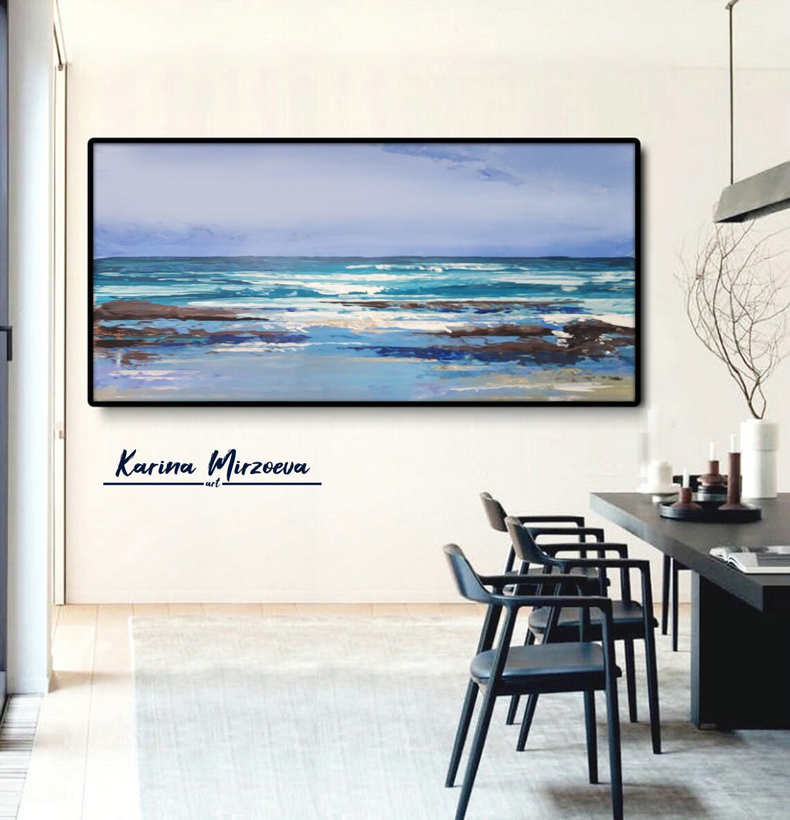 Long Wall Art Horizontal Large Ocean Painting Original Blue - Etsy