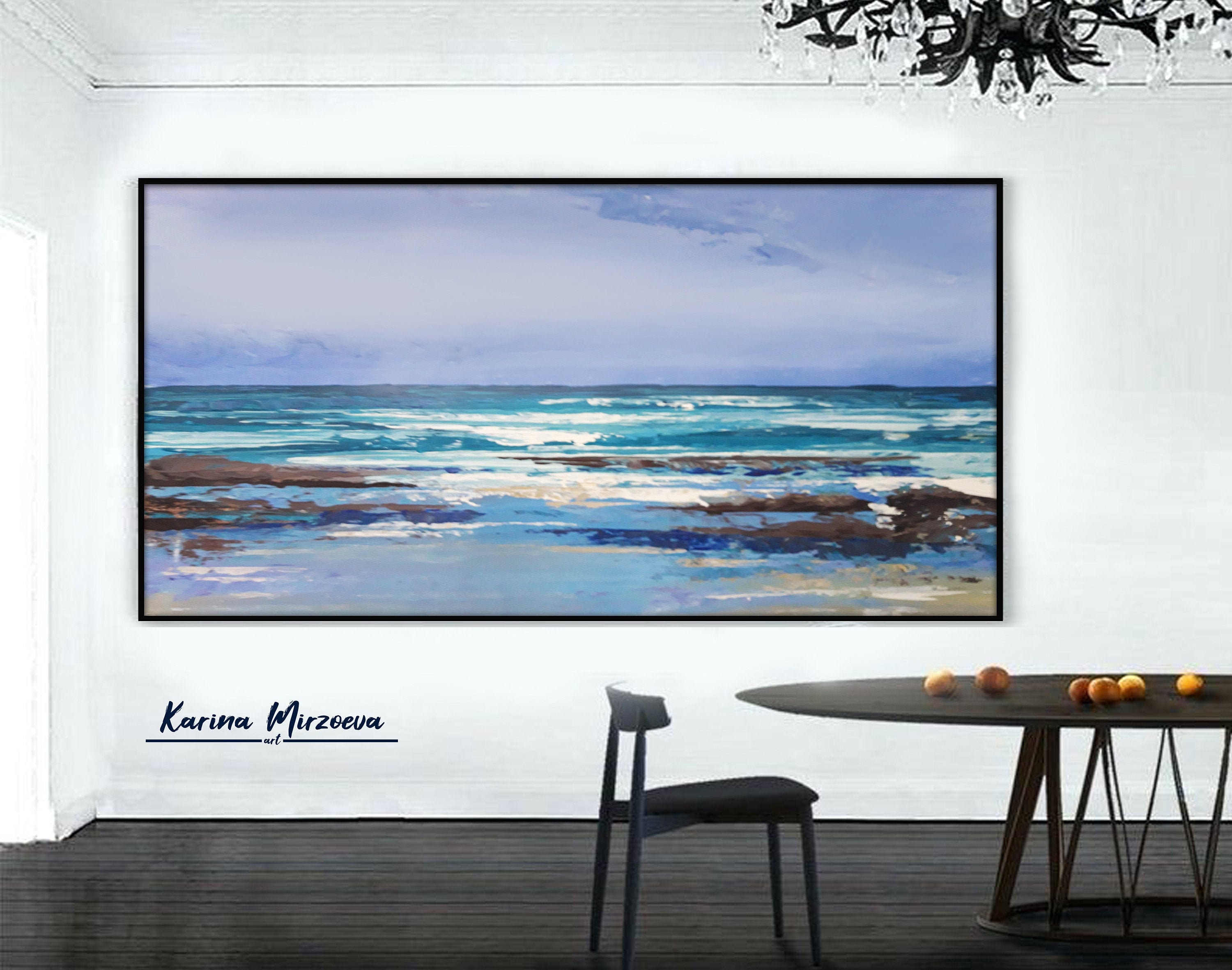 Long Wall Art Horizontal Large Ocean Painting Original Blue | Etsy