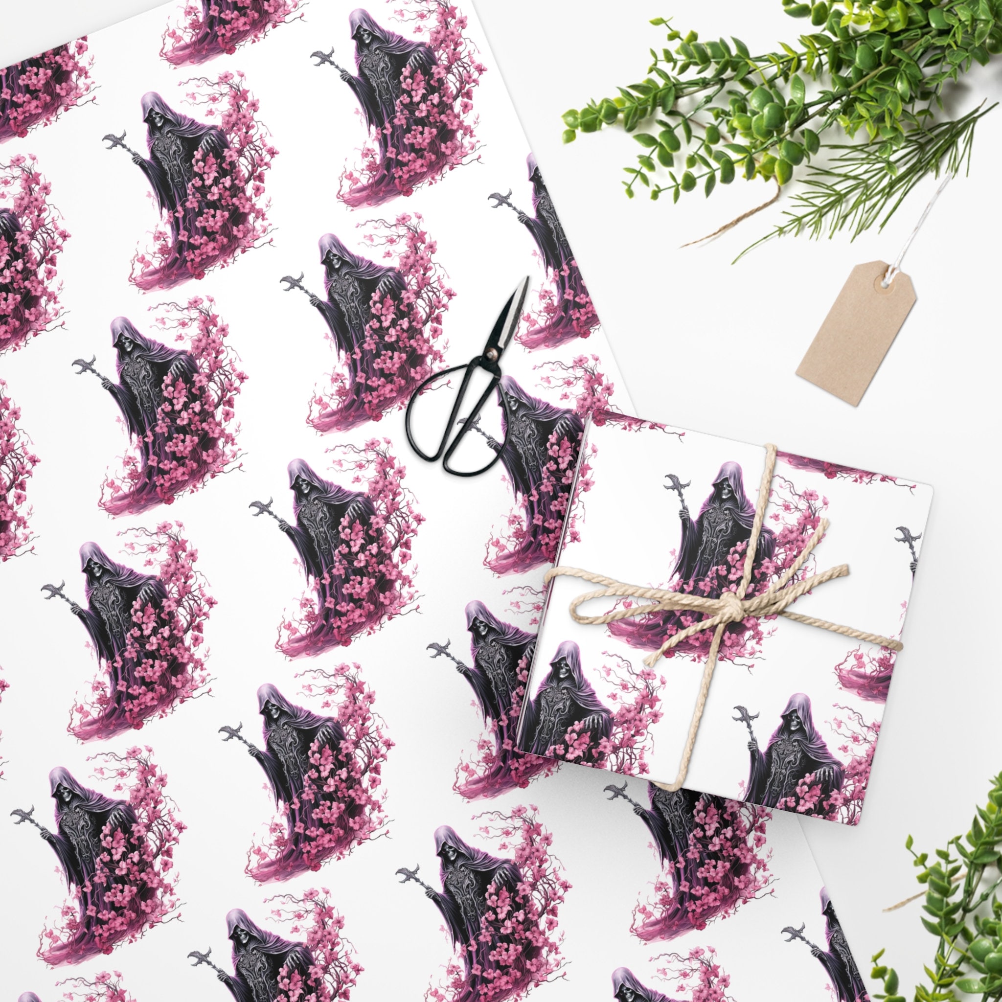 Grim reaper Gothic Wrapping Paper/ Pink gothic Floral skull gift paper ...