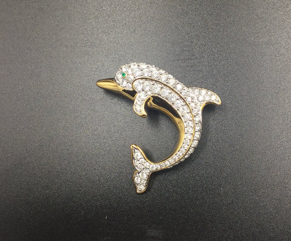 Swarovski Crystal Dolphin Brooch, Vintage Gold Toned Pin, Ocean Animal ...