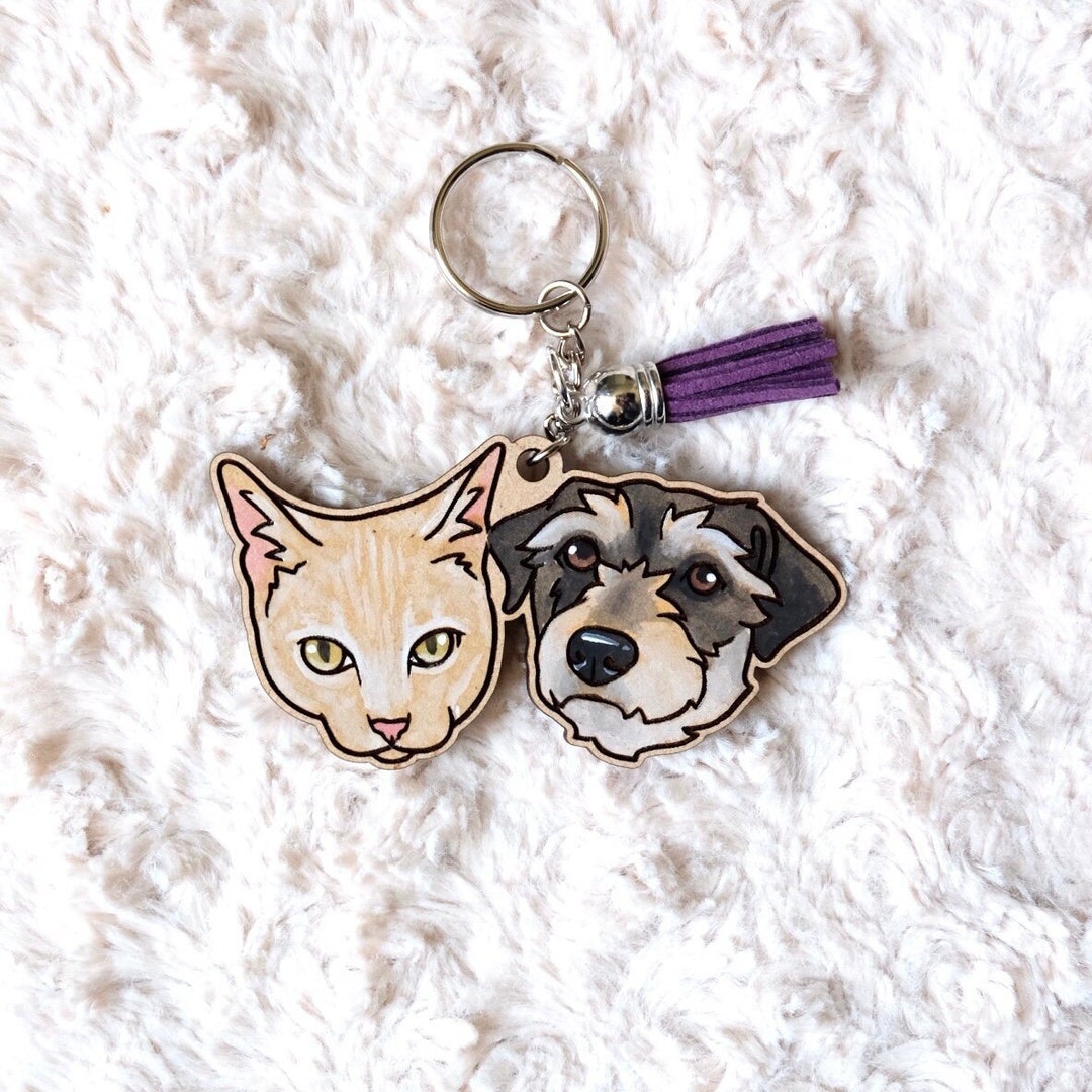 2 Pet Keychain: Painted Horizontal Custom Wood Illustrated Pet - Etsy