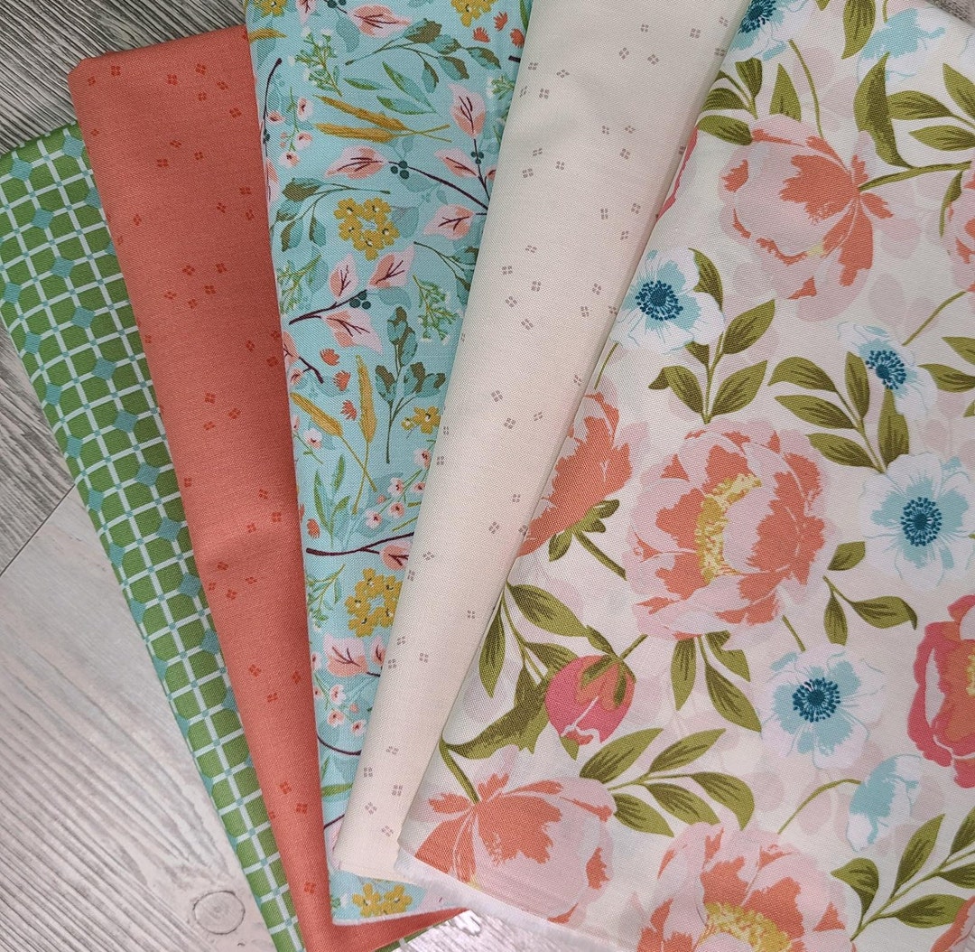 Riley Blake Blossom Lane Coral & Blue 5 Yard Cotton Floral Fabric ...