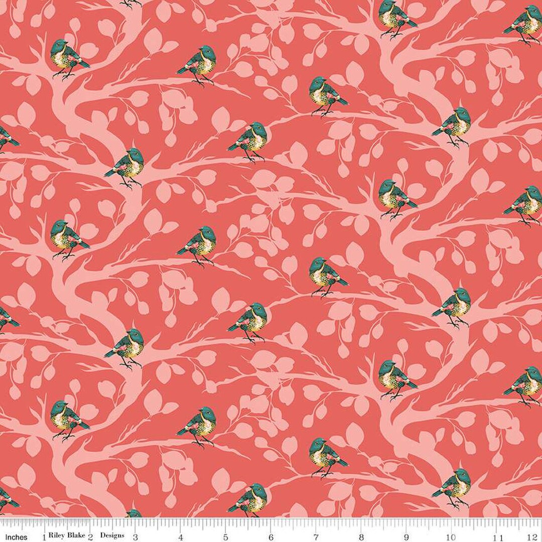 Riley Blake Porch Swing Birds and Branches Coral Fabric Ashley Collett ...