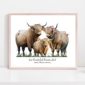 Custom Digital Highland Cow Family Print, Custom Family Portrait ...