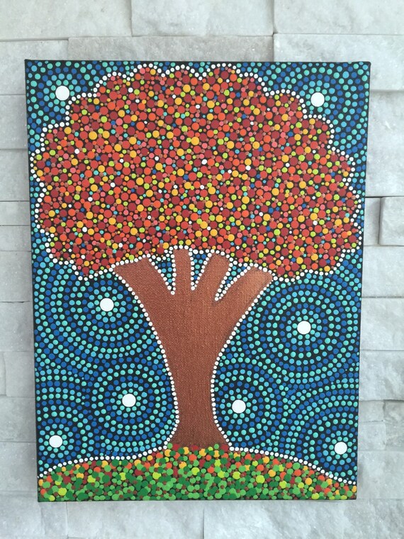 PRICE CUT Autumn Tree 9x12 dot painting dot art