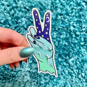 Peace Sign Starry Night & Waves Hand Sticker - Cute Peace Sign Hand ...