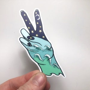 Peace Sign Starry Night & Waves Hand Sticker - Cute Peace Sign Hand ...