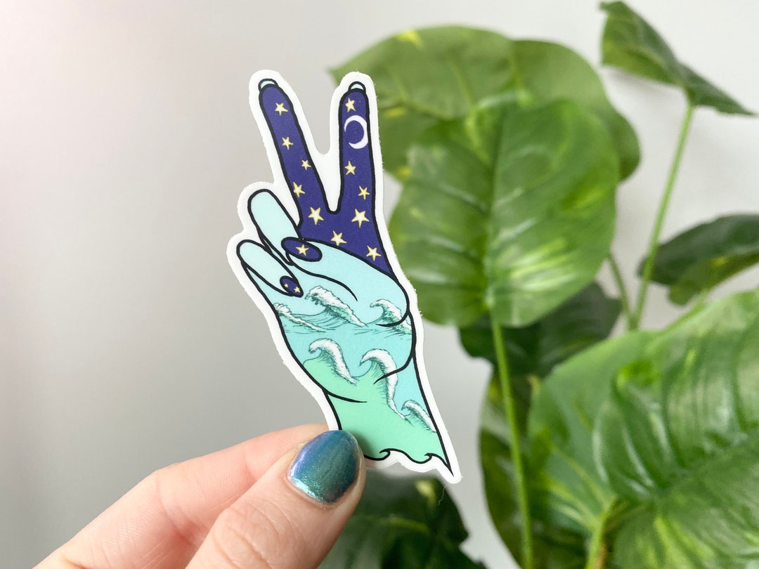 Peace Sign Starry Night & Waves Hand Sticker - Cute Peace Sign Hand ...
