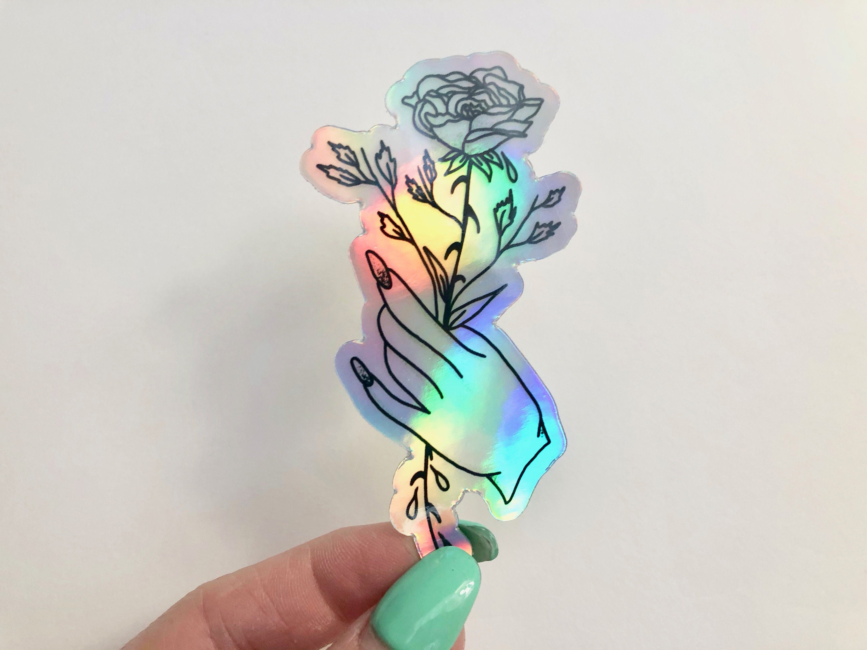 Holographic Rose Sticker Hand Holding Rose Holographic - Etsy
