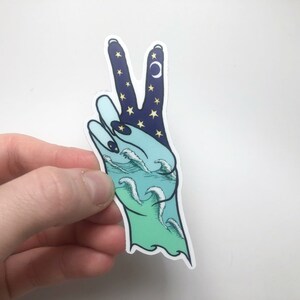 Peace Sign Starry Night & Waves Hand Sticker - Cute Peace Sign Hand ...
