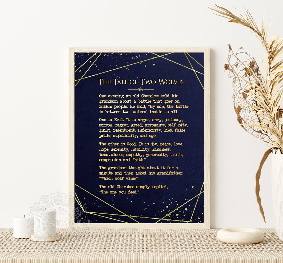 Tale of Two Wolves Art Print Gold Metal Text Book Page Wall Art Framed ...