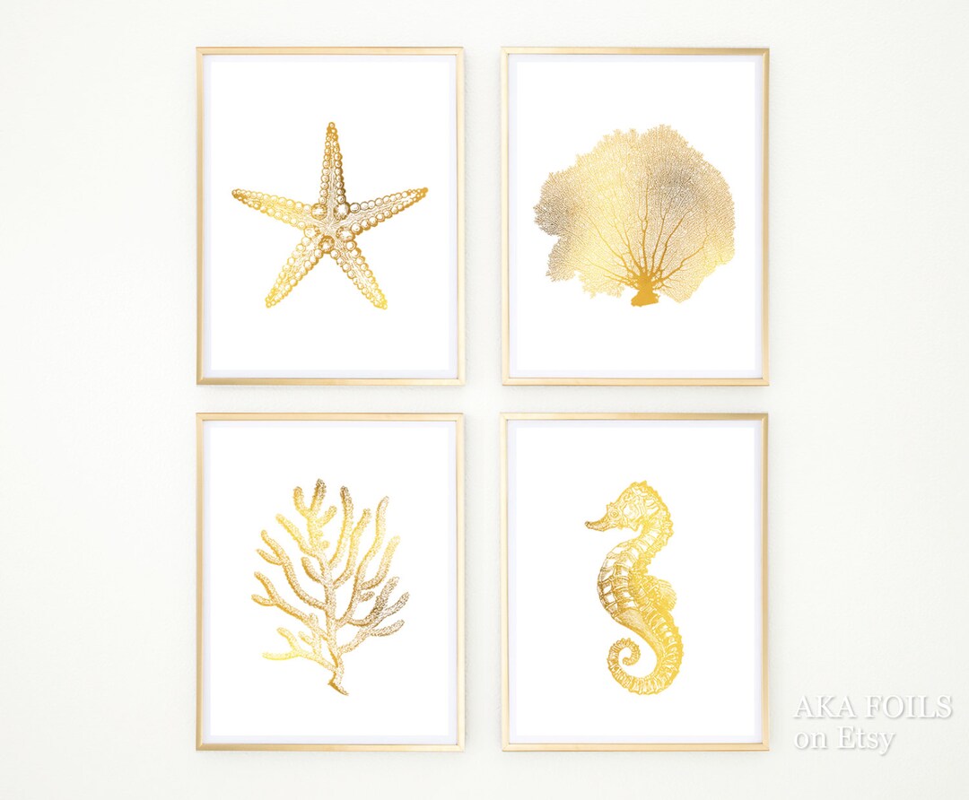 Gold Coral Print Set of 4 Coral Art Prints - Real Gold Foil Coral Print ...