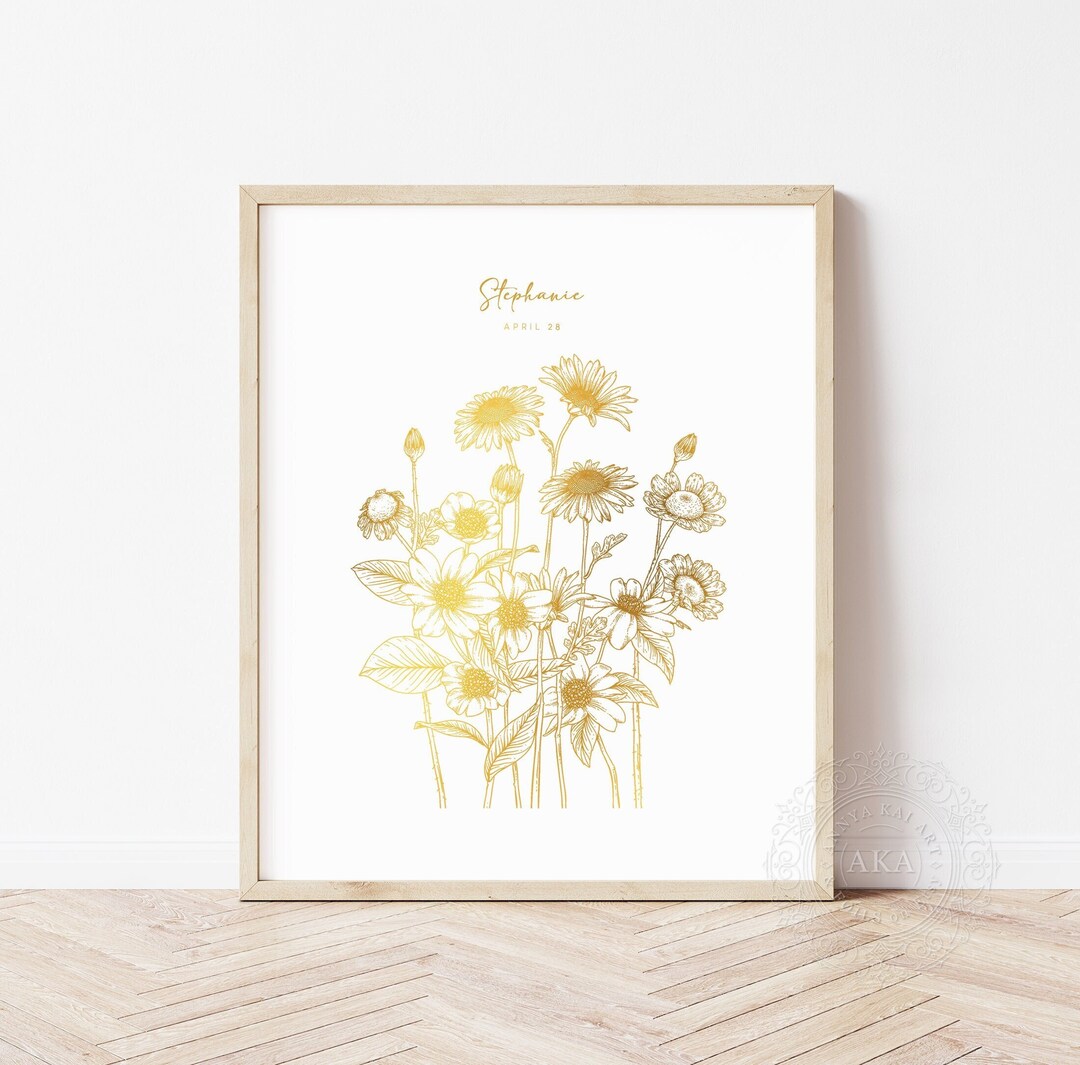 April Birth Flower Print Daisy - GOLD Metal Foil Art - Personalized ...