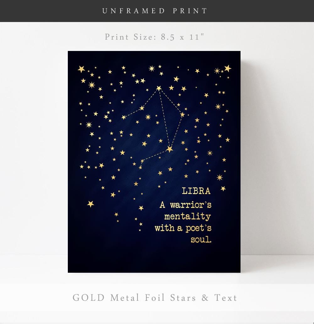 Libra Zodiac Art Print: Real Gold Constellation, October Birthday Gift ...