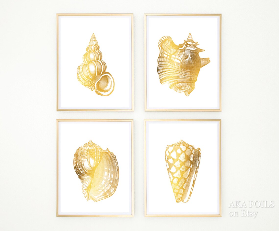 Gold Seashell Gold Shell Print Set of 4 Real Gold Foil - Etsy