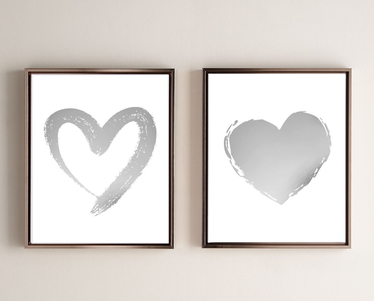 Silver Heart Set of 2 Prints REAL Silver Metallic Art Teen | Etsy