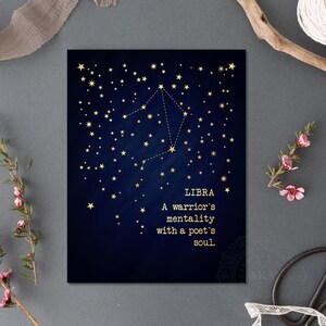 Libra Zodiac Art Print: Real Gold Constellation, October Birthday Gift ...