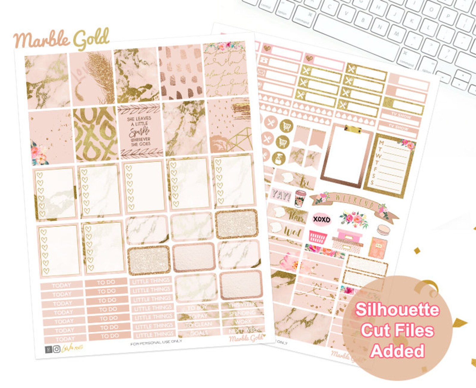 Marble Planner Stickers, Printable, Weekly Kit, Gold Stickers, Glam ...