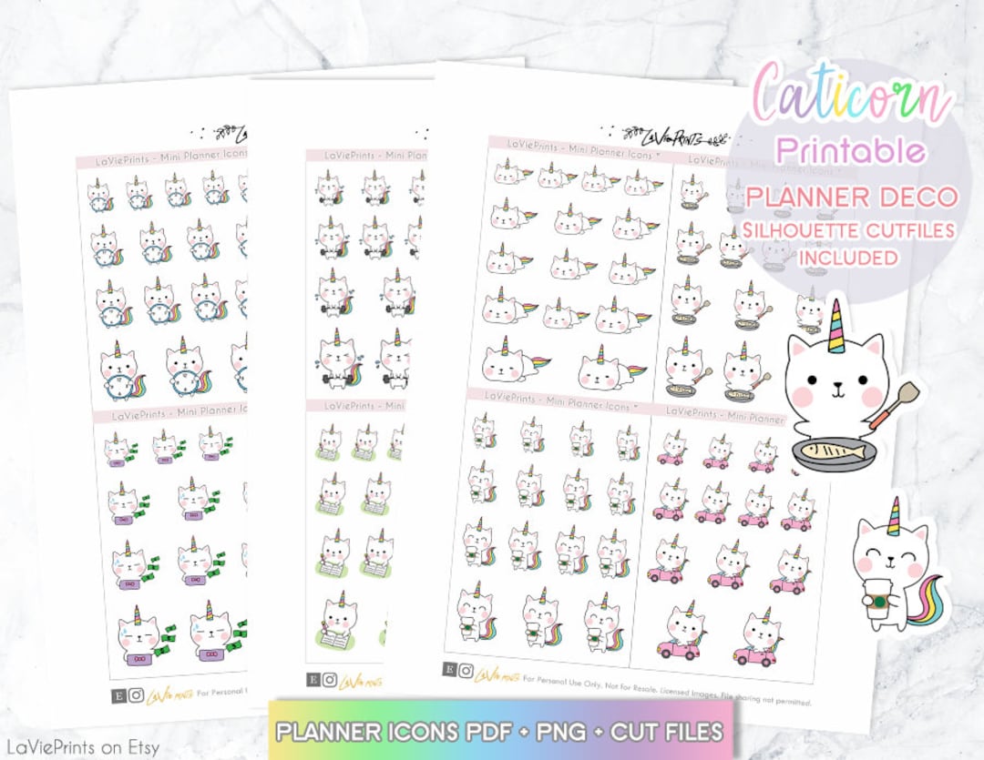 Caticorn Planner Stickers, Printable Planner Stickers, Coffee Stickers ...