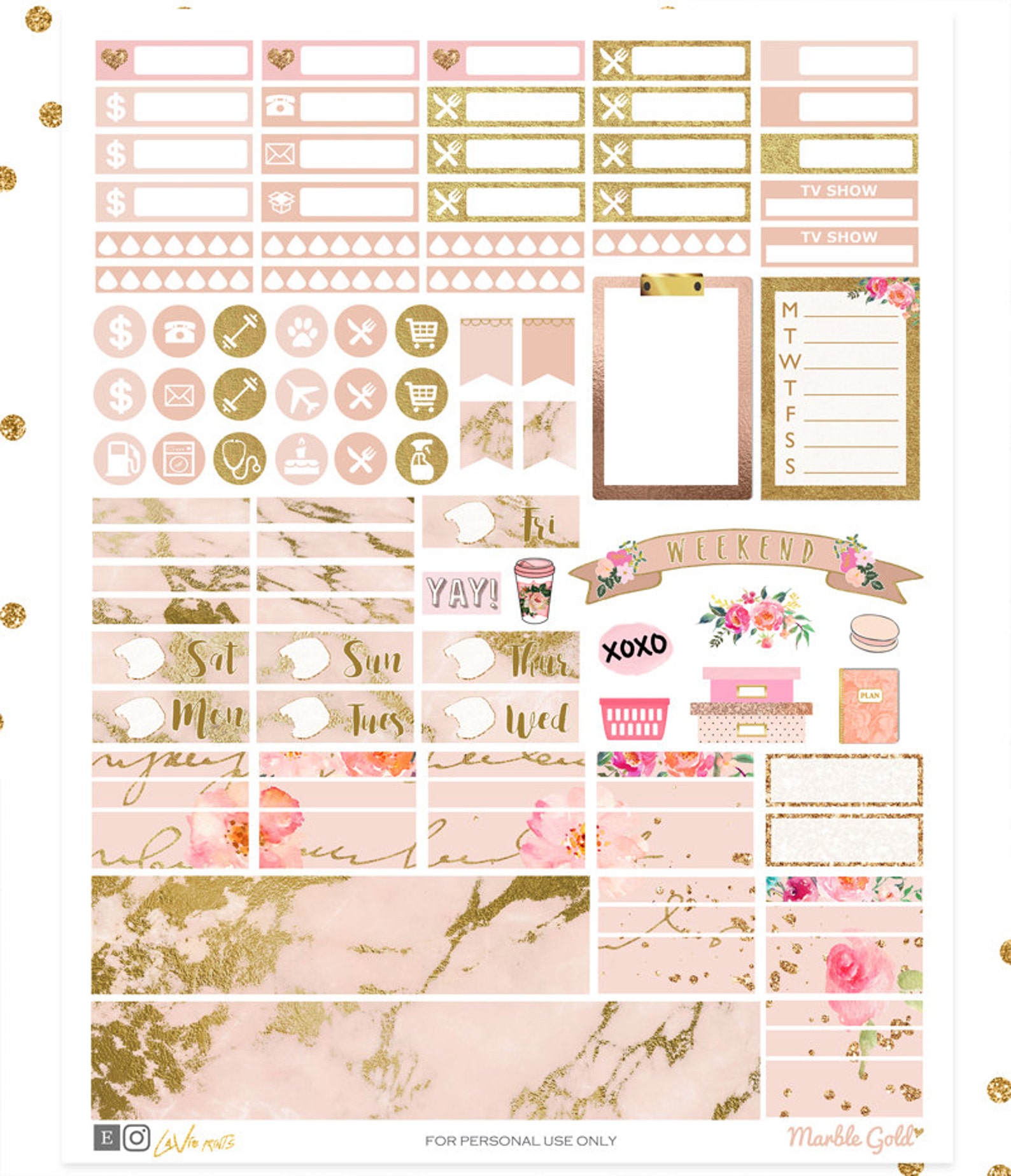 Marble Planner Stickers, Printable, Weekly Kit, Gold Stickers, Glam ...