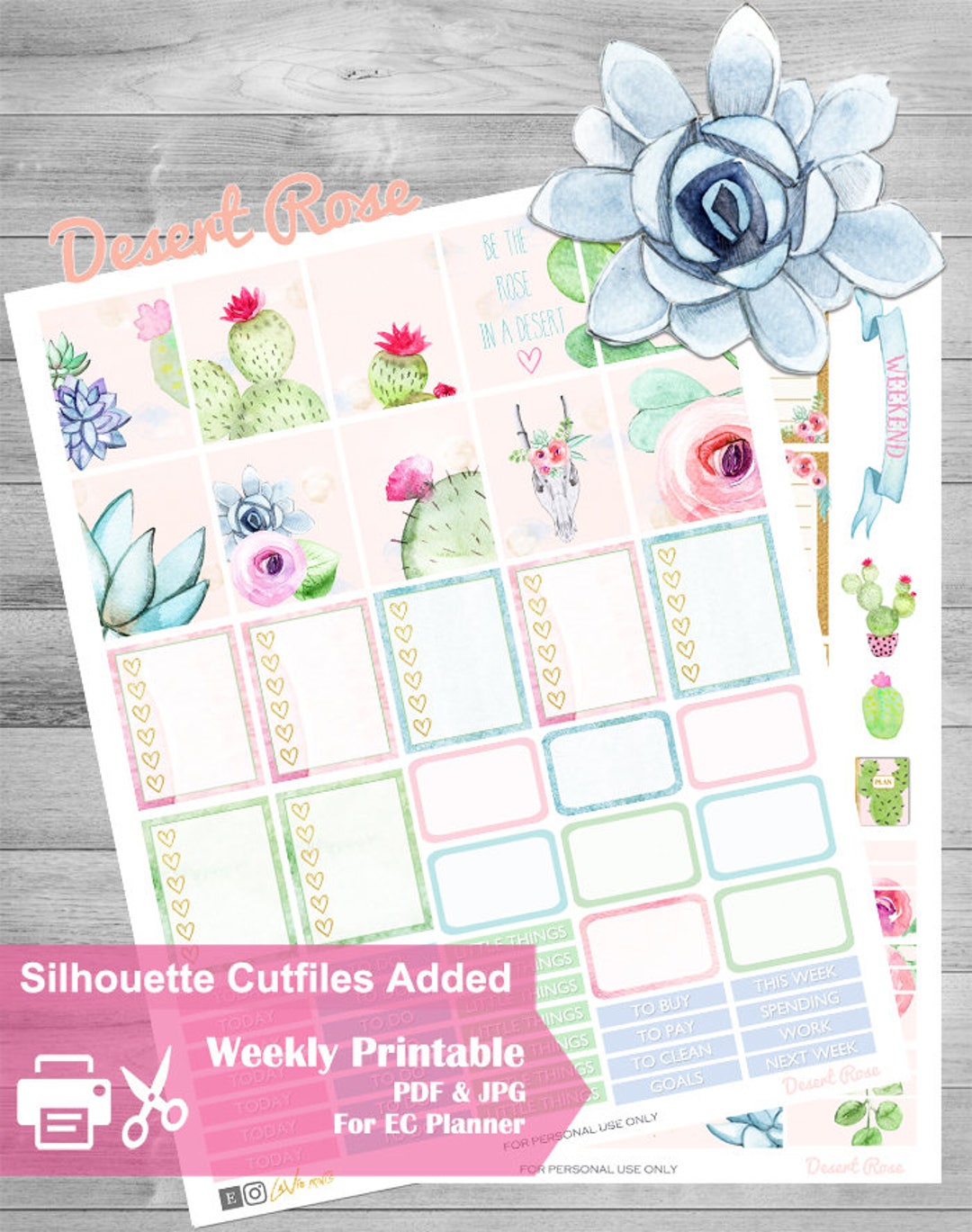 Cactus Printable Planner Stickers, Desert Rose Glam Planner, Skull ...