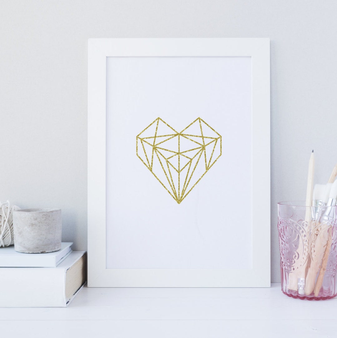 Geometric Heart Wall Art Print, Scandinavian Wall Art, Gold Heart Print ...