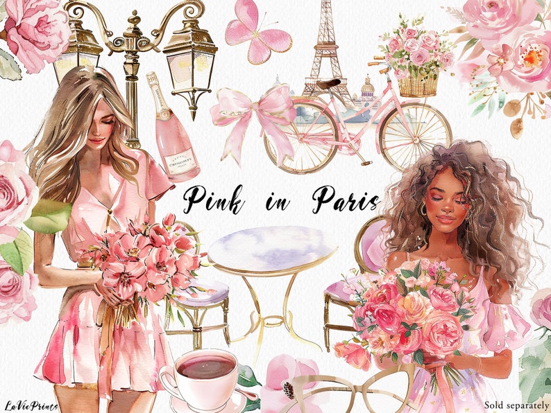 Pink Paris Clip Art | Watercolor Summer Clip Art | Floral Girly Clip ...