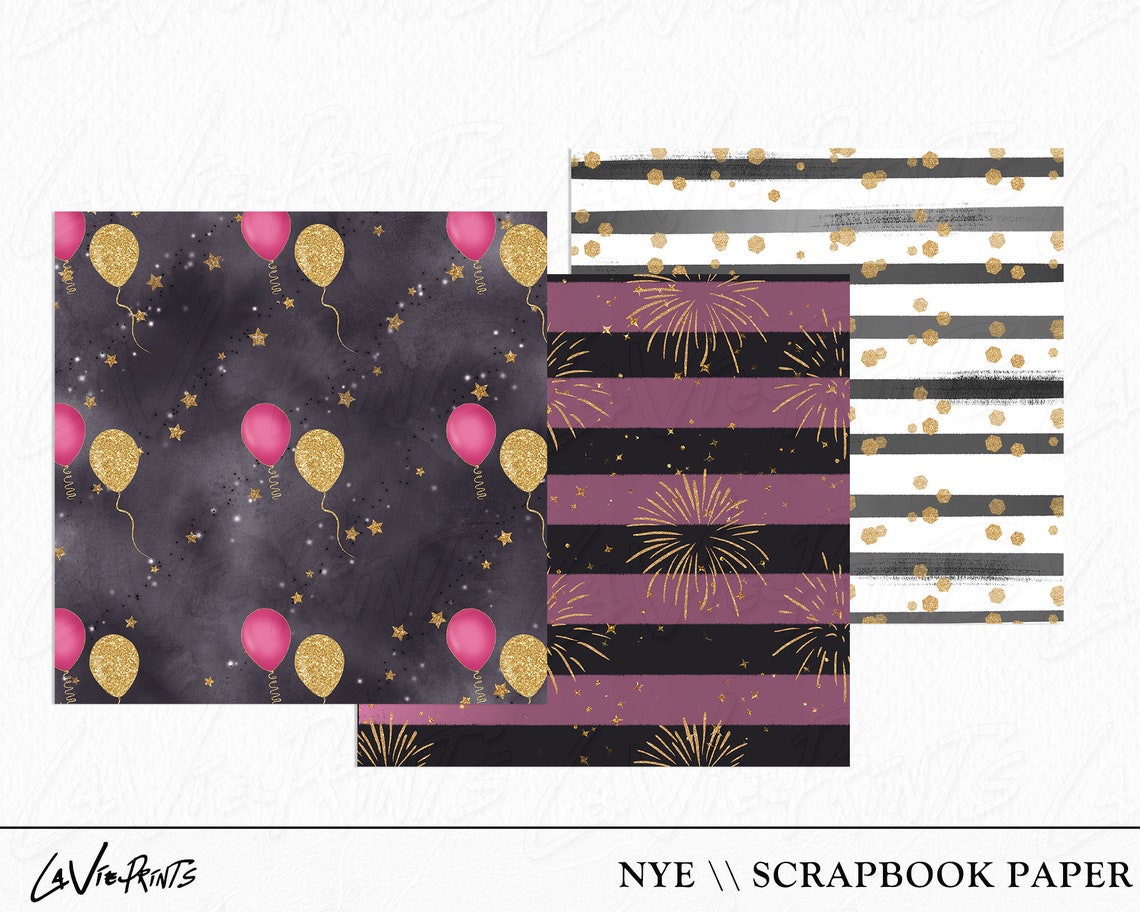 New Year's Eve Digital Scrapbook Paper: Pink & Gold Party Patterns ...