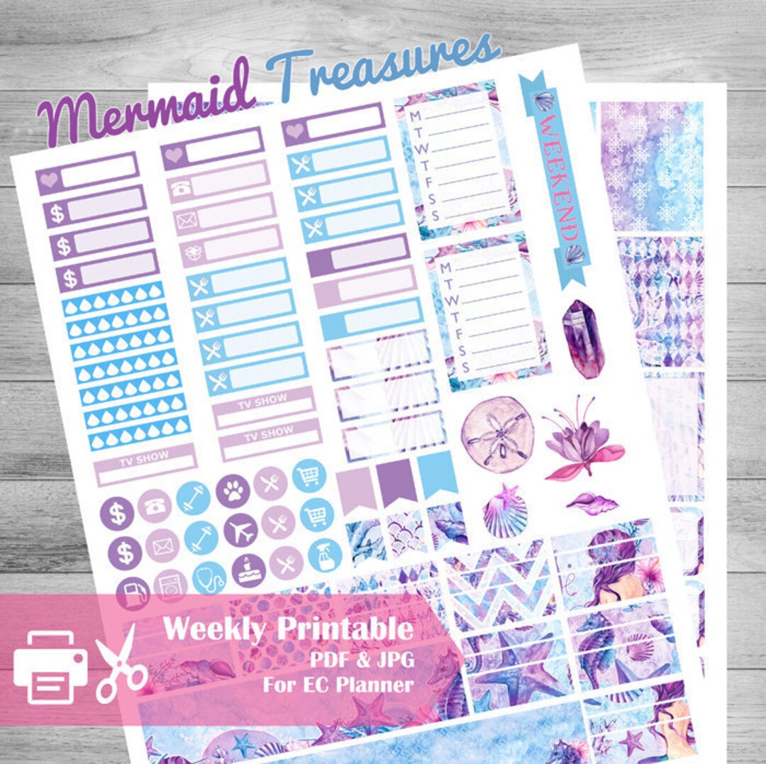 Mermaid Printable Planner Stickers, Fantasy Stickers, Purple, Lilac ...