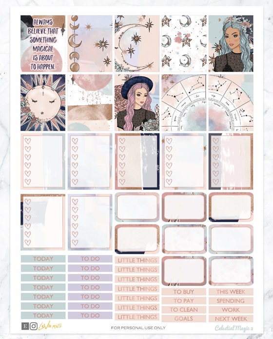 Printable Planner Stickers, Celestial, Fantasy, Magic, Floral, Weekly ...