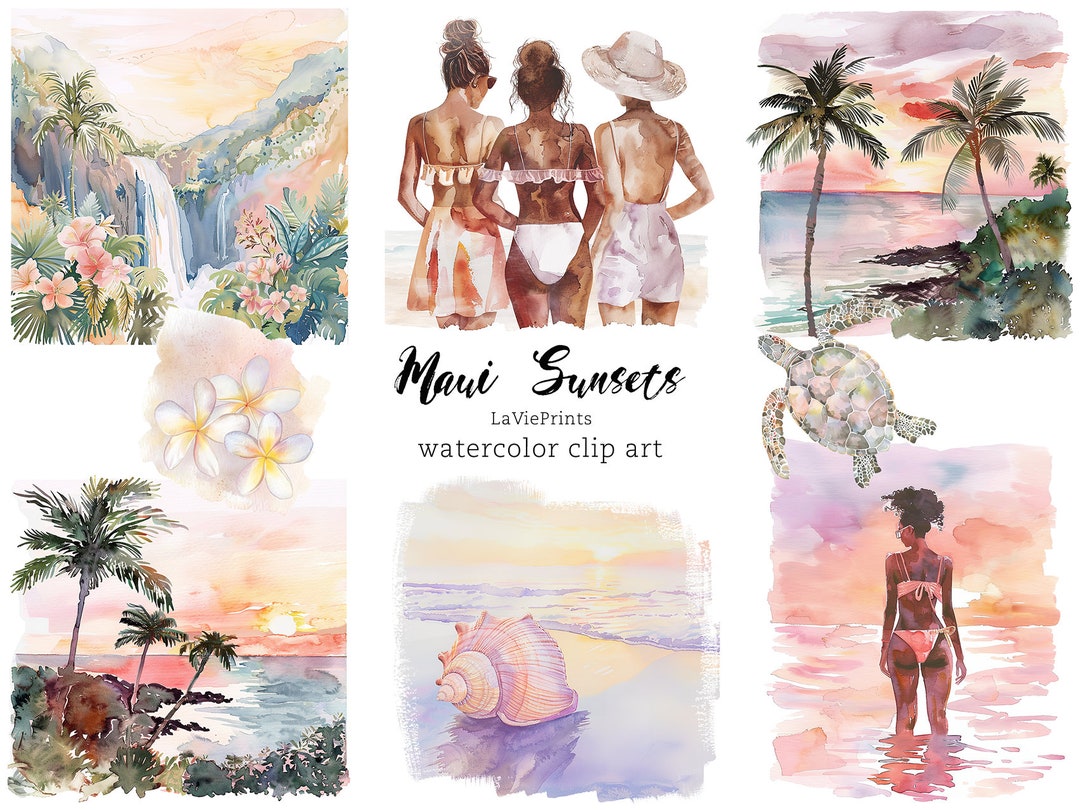 Sunset Beach Clip Art | Watercolor Summer Clip Art | Travel Fashion ...