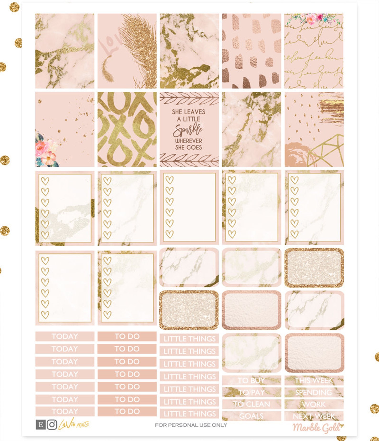Marble Planner Stickers, Printable, Weekly Kit, Gold Stickers, Glam ...