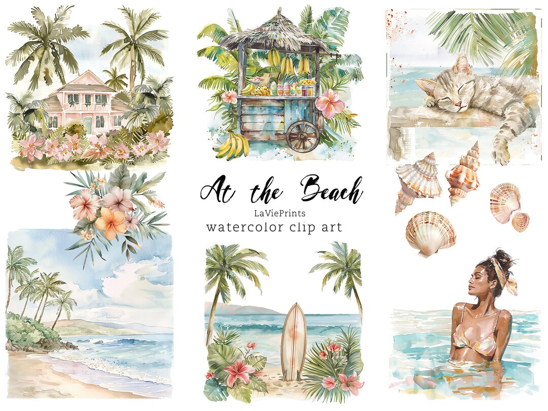 Summer Beach Clip Art | Watercolor Summer Clip Art | Travel Fashion ...