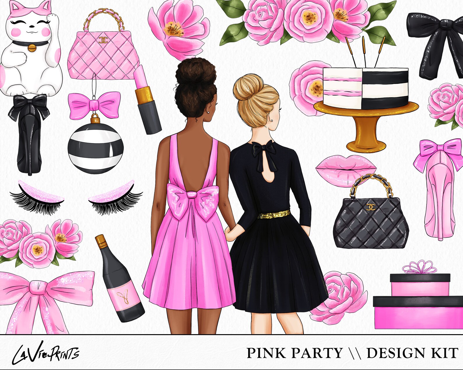 Pink Party Clipart Fashion Illustrations Celebration - Etsy