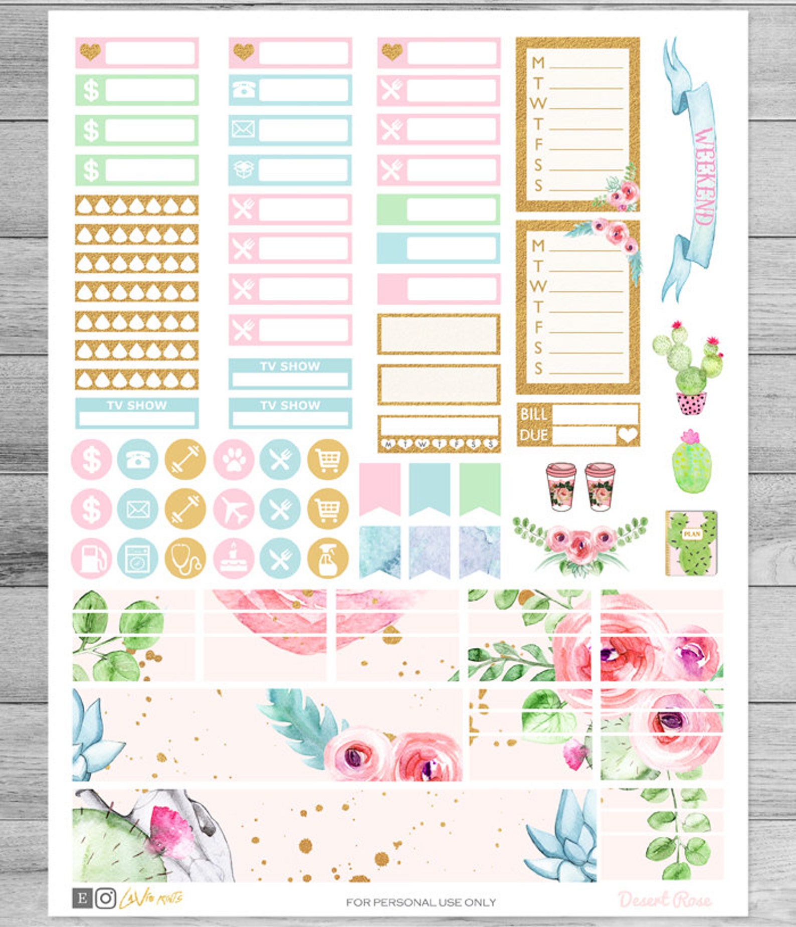 Cactus Printable Planner Stickers Desert Rose Glam Planner - Etsy