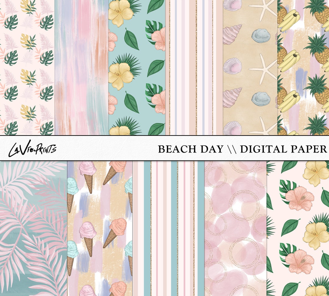 Beach Day Digital Scrapbook Paper, Watercolor Hand Drawn, Abstract ...