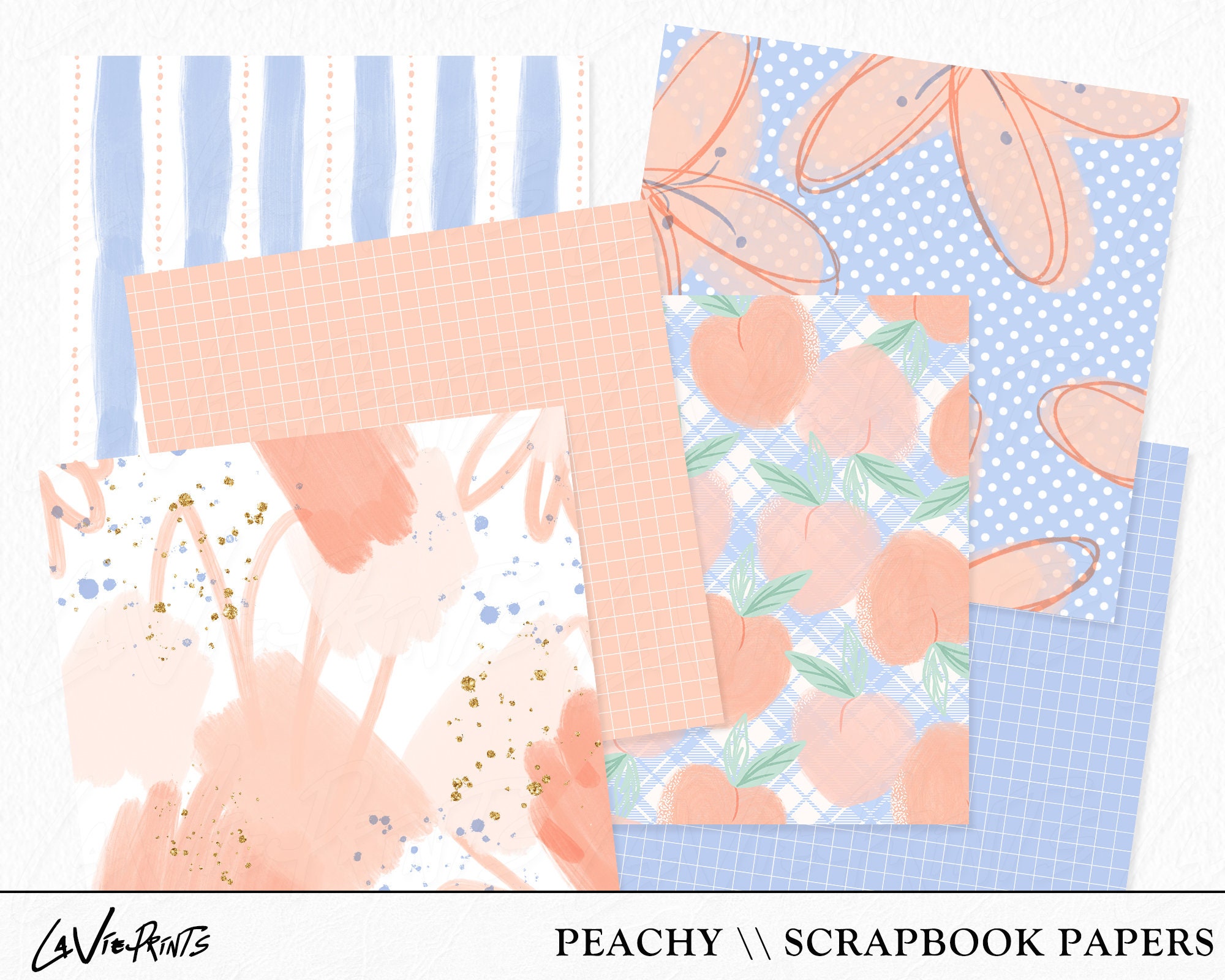 Peach blue Digital Scrapbook Paper fashion hand Drawn Summer | Etsy