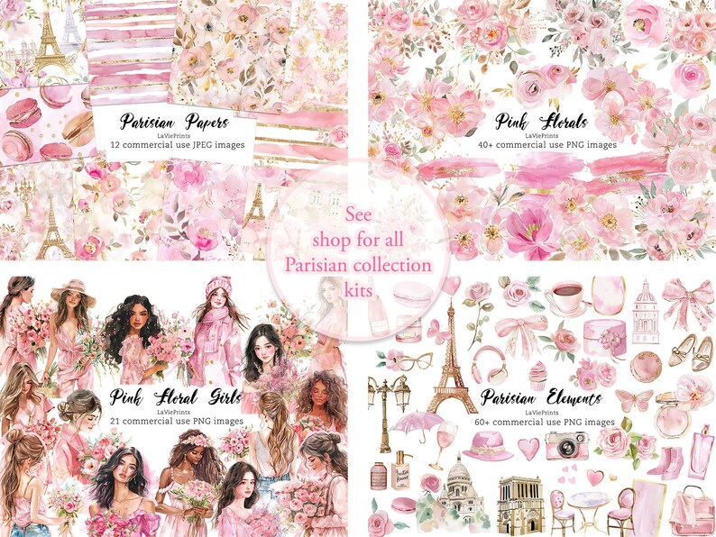 Pink Paris Clip Art | Watercolor Summer Clip Art | Floral Girly Clip ...