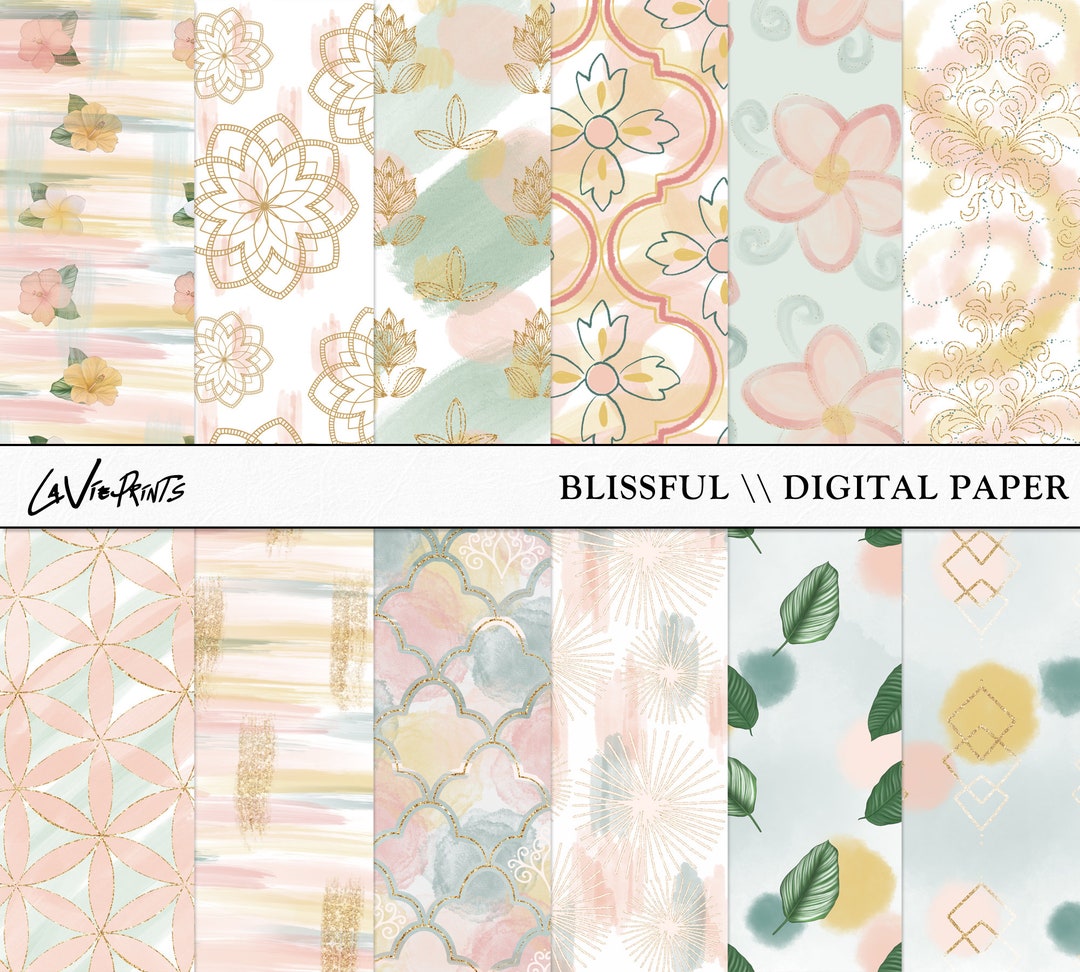 Blissful Digital Scrapbook Paper, Watercolor Hand Drawn, Abstract ...