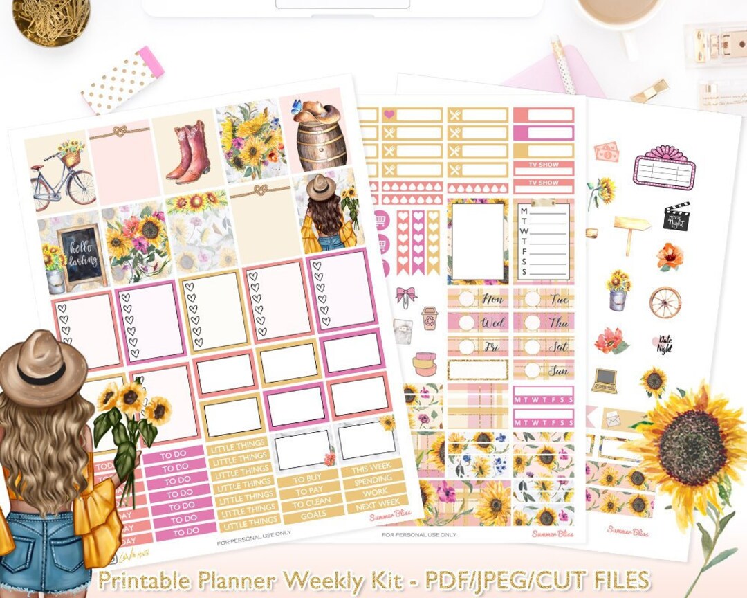 Sunflower Summer Weekly Kit Printable Planner Stickers - Floral Weekly ...