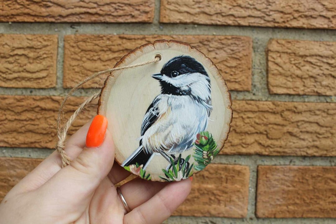 Hand-painted Chickadee on Live-edge Wood Slice Hanging Ornament - Etsy