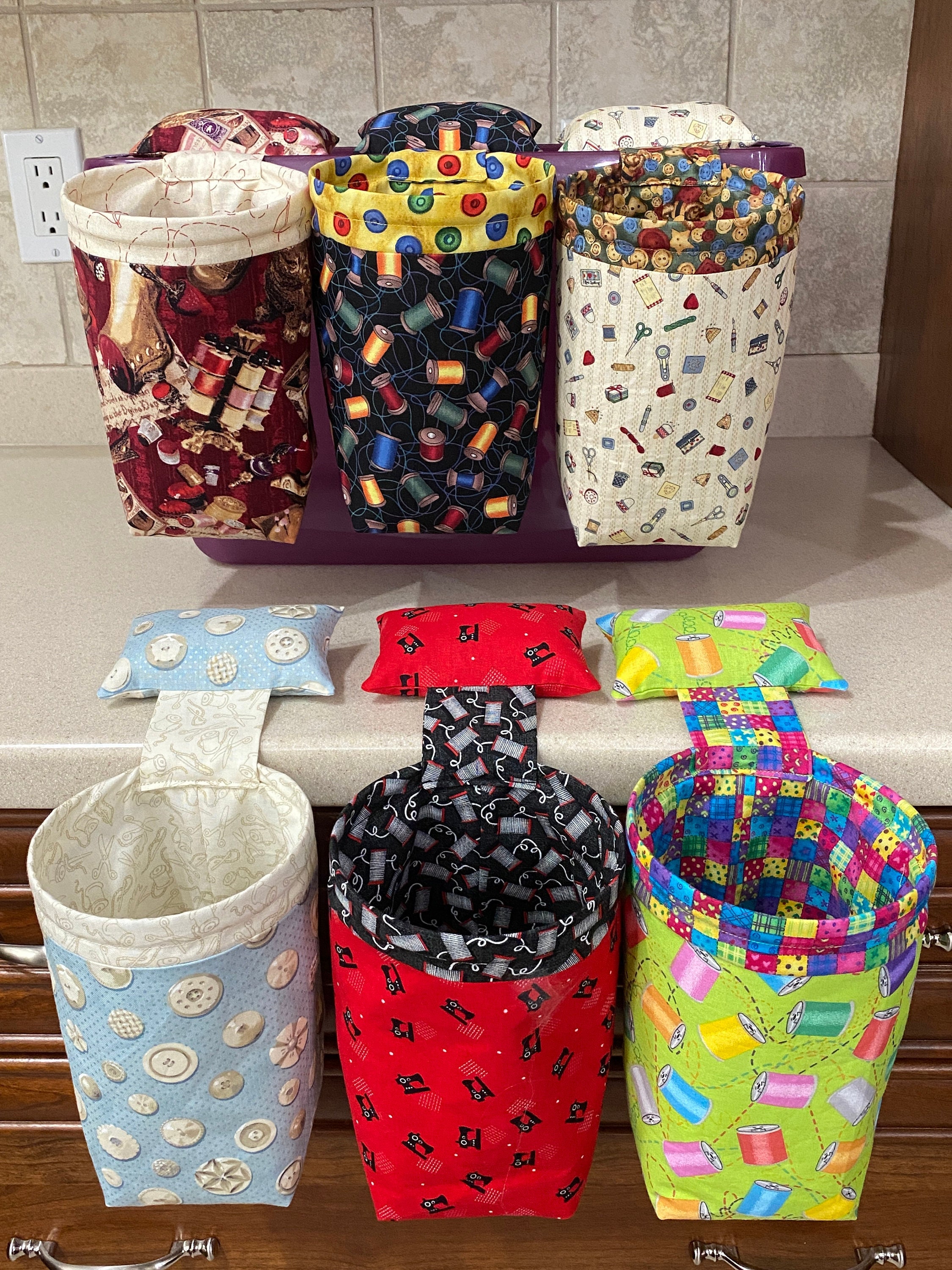 Pin Cushion Thread Catcher Trash Can Scrap Caddy Handmade Sewing Themed ...