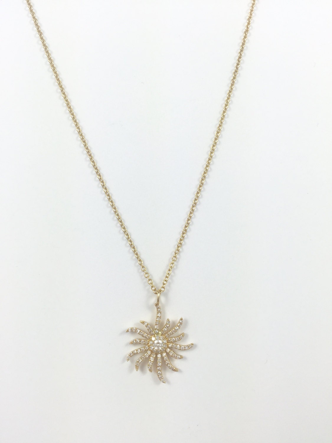 14K Gold Sun Shape Diamonds Pendant Necklce - Etsy