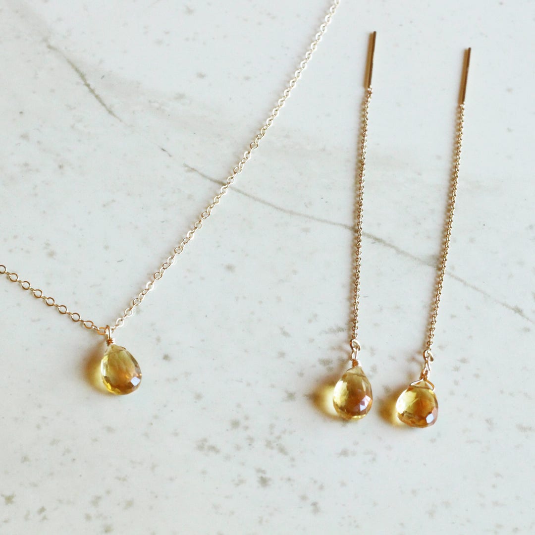 Citrine Jewelry Set Citrine Necklace and Threader Earring - Etsy