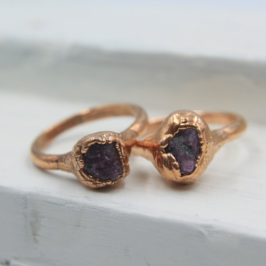 Ruby Ring With Electroformed Copper Band // Raw Stone Ring // Red Pink ...