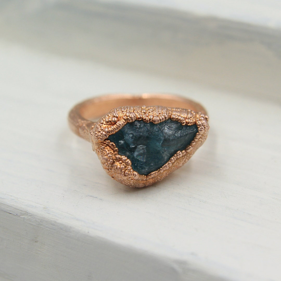 Blue Apatite Ring With Electroformed Copper Band // Raw Stone - Etsy